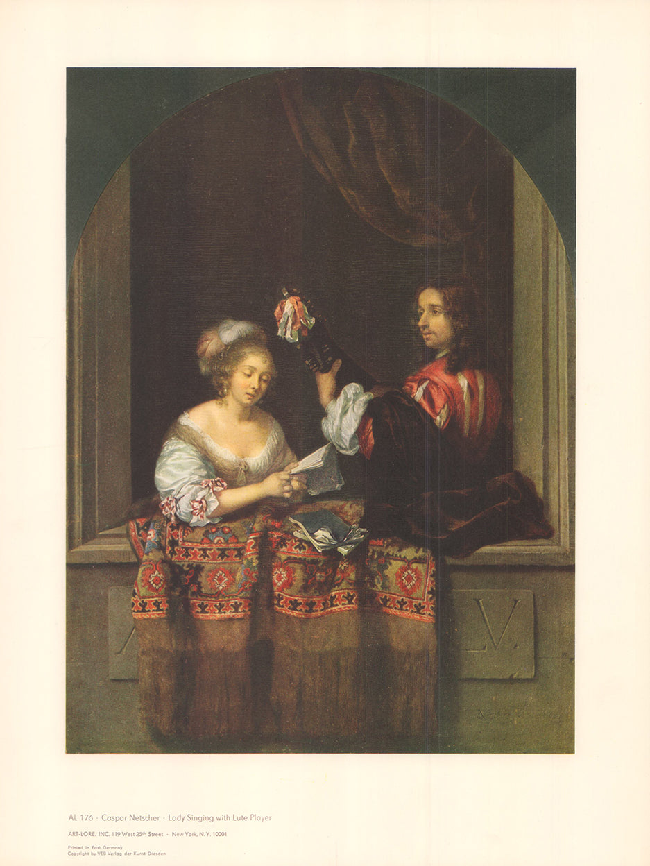 Lady Singing with Lute Player by Caspar Netscher - 14 X 18 Inches (Off ...