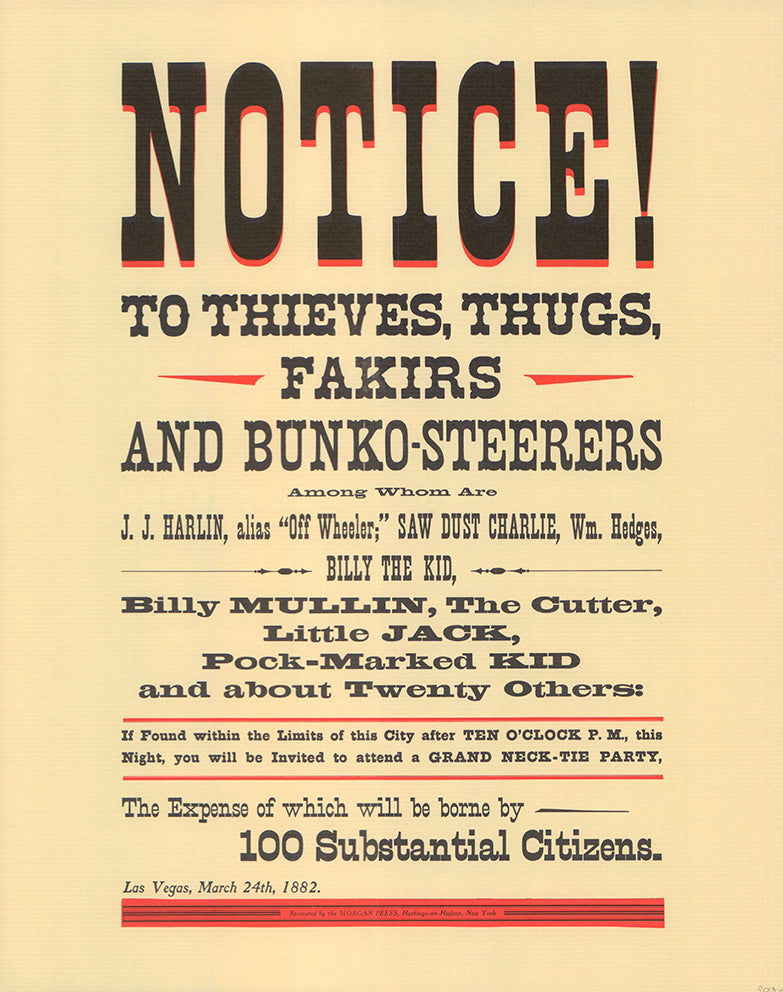 Notice to Thieves, Thugs, Fakirs and Bunko-Steerers - 11 X 14 Inches ...