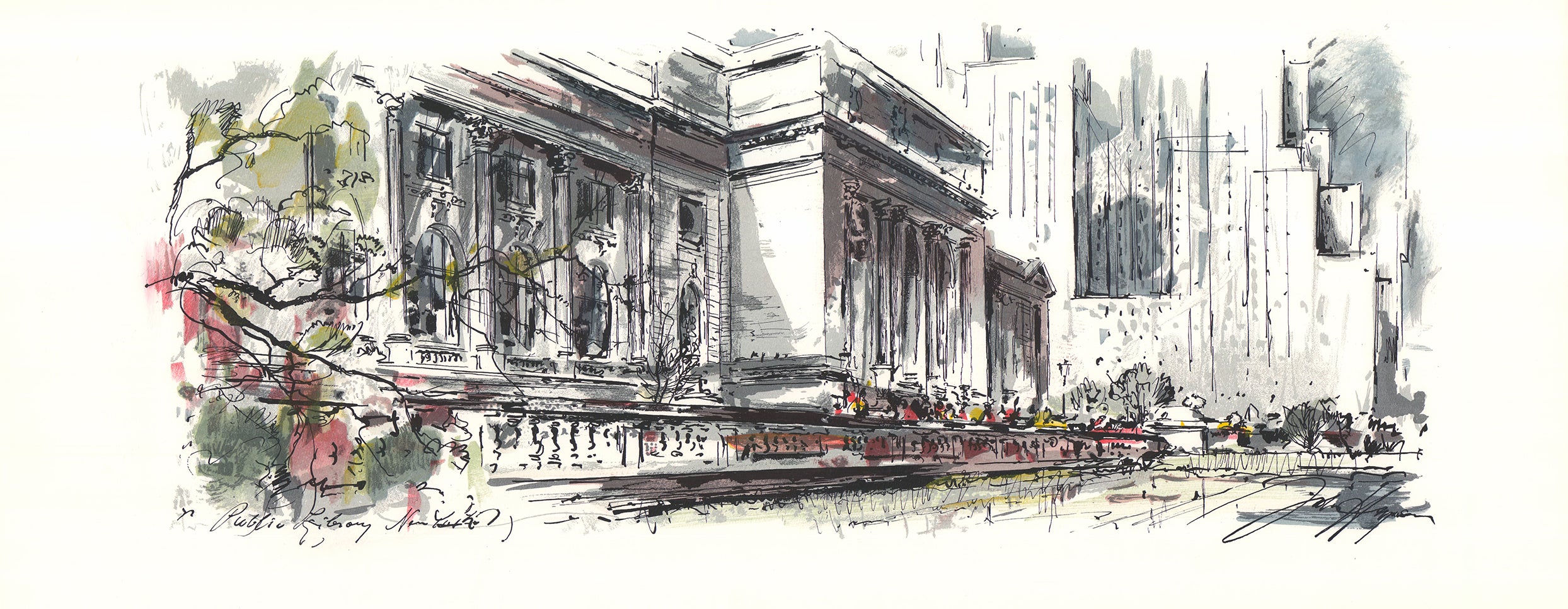 Public Library, New York by John Haymson - 15 X 35 Inches (Hand Colore ...