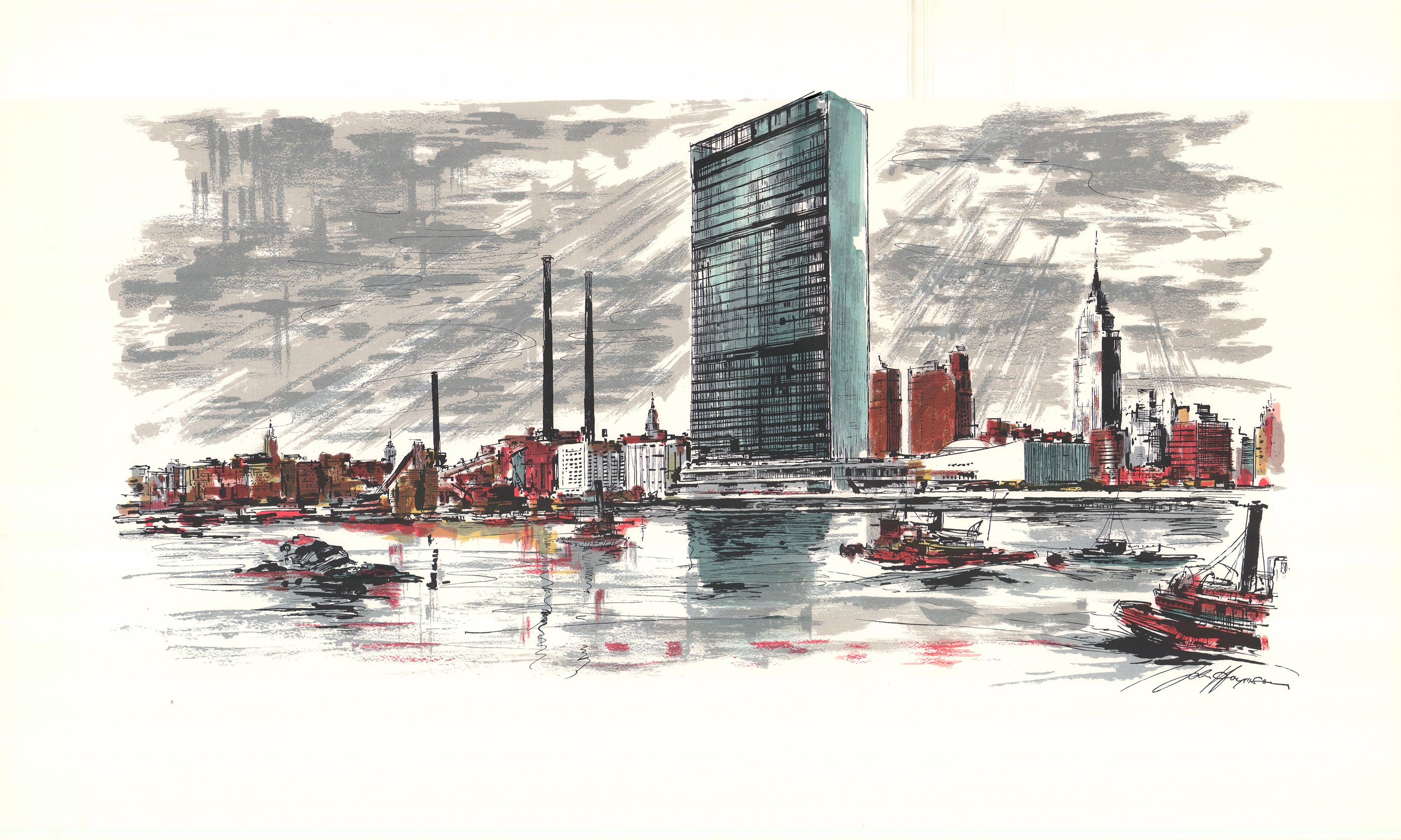 United Nations Panorama, New York by John Haymson - 28 X 46 Inches (Ha ...